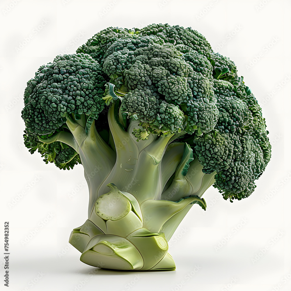 A close up of a broccoli head, a type of wild cabbage, on a white ...