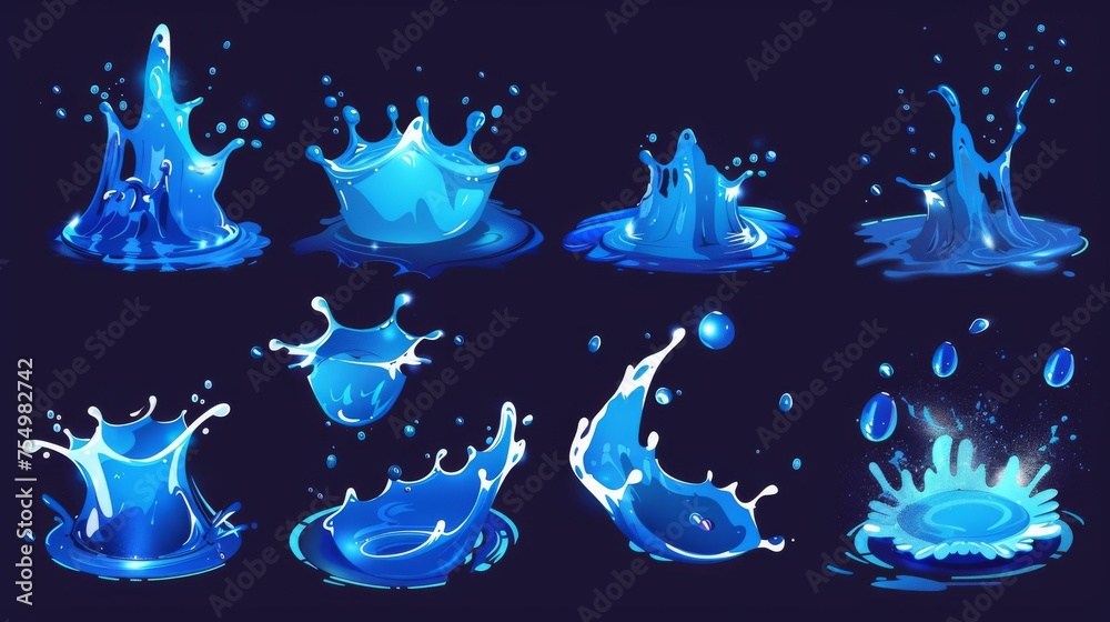 Set of water splash games and video clips. 2d liquid drops, crowns ...