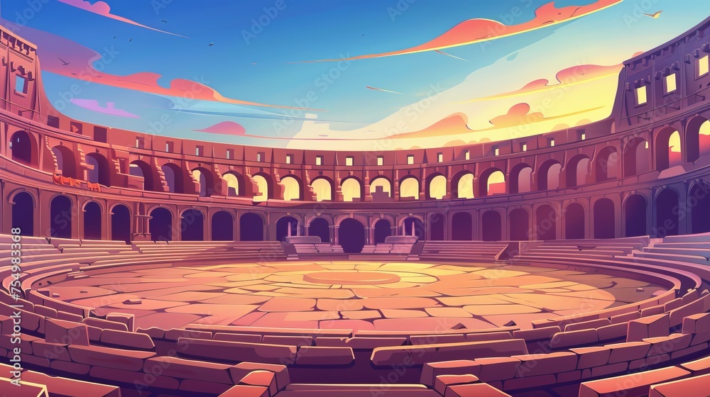 A Roman gladiator fight arena. Modern cartoon illustration of a ...