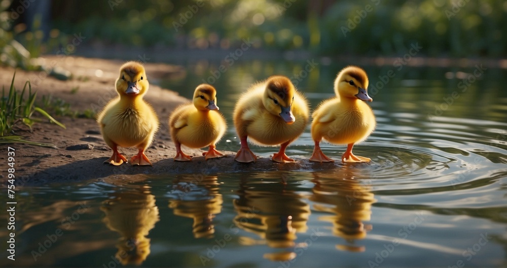 Compose an image of a cute little duckling waddling alongside its ...
