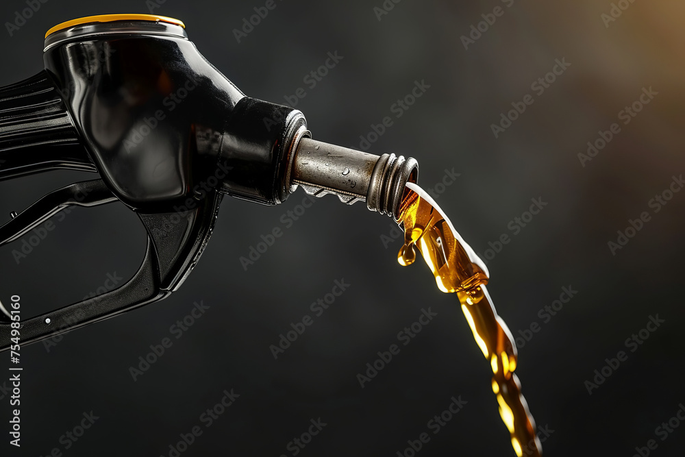 Black gasoline injector fueling oil or pure fuel on black background ...