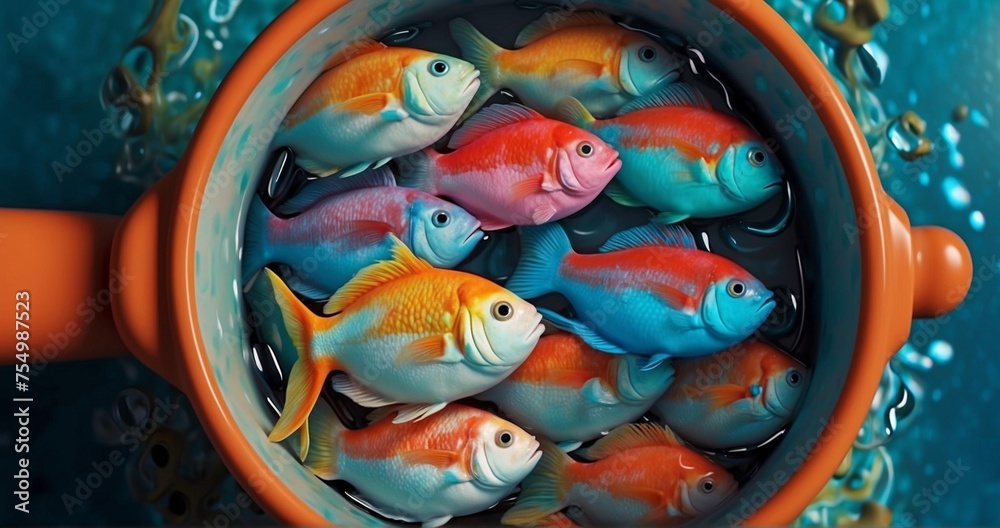 Illustrate a close-up image of cute little fishes swimming together in ...