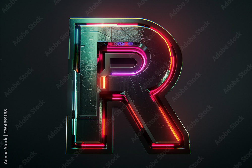 Futuristic 3D uppercase typography, alphabet letter R with metal ...
