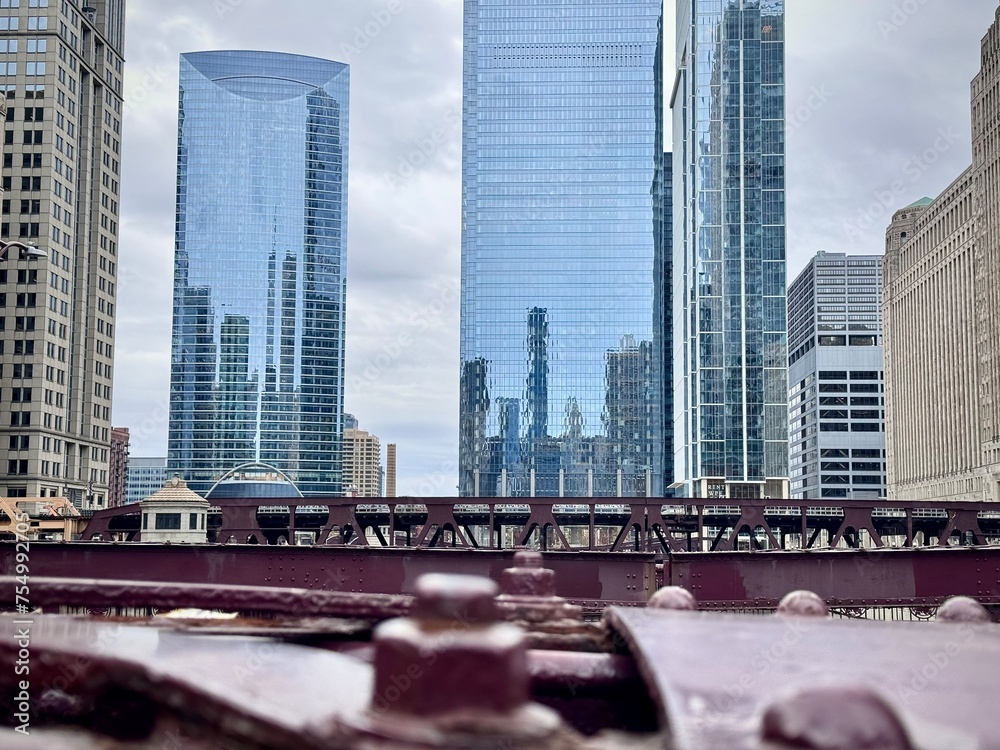 chicago cityscape with a view of downtown skyscrapers from a steel ...