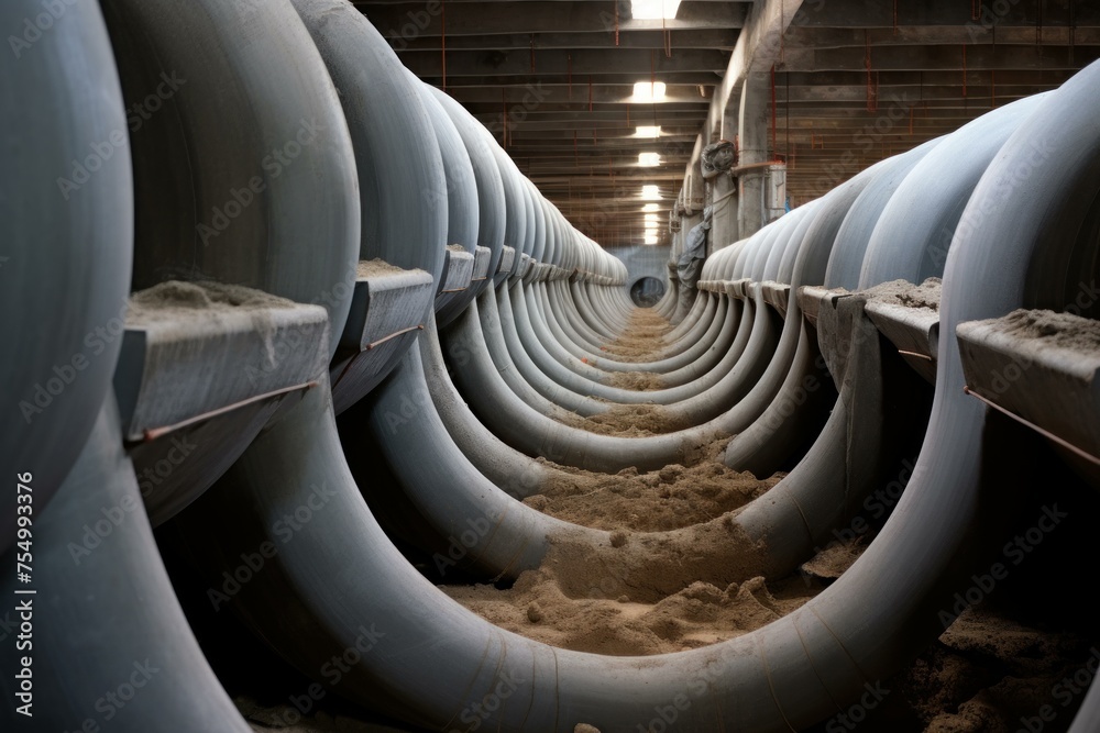 Labor-intensive Pipes installing concrete tunnel. Sewer tubes drain ...