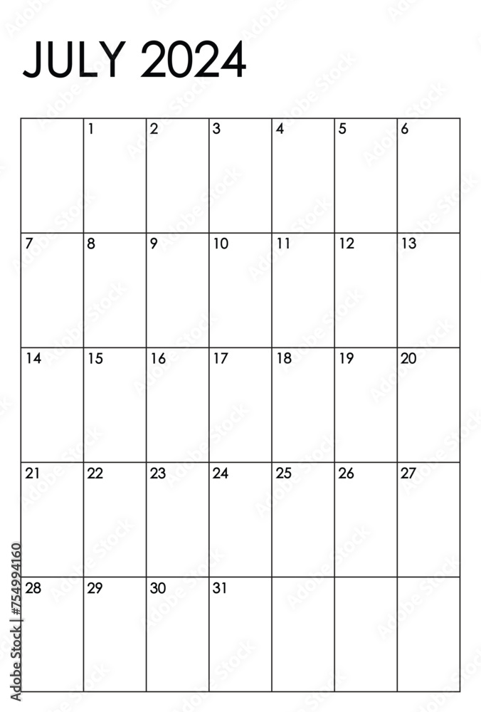 July 2024 month vertical calendar. Simple black and white design Stock ...