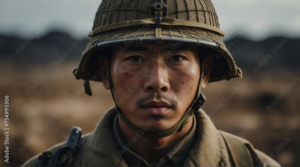 Portrait of a japan world war soldier on a battle field area background ...