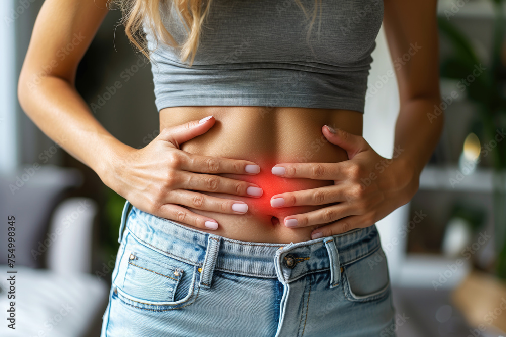 Menstrual pain, woman with stomachache suffering from pms at home ...