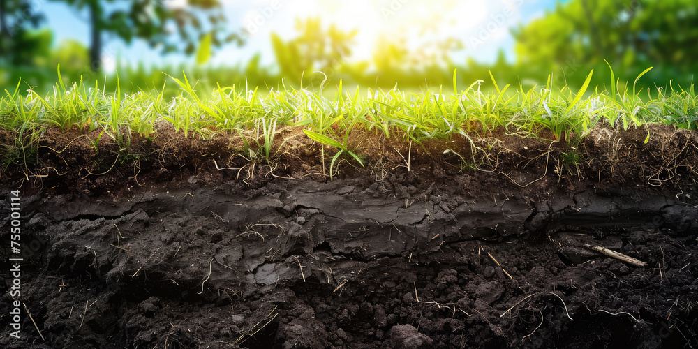 Soil Cross Section with Emerging Seedlings. Detailed cross-section of ...