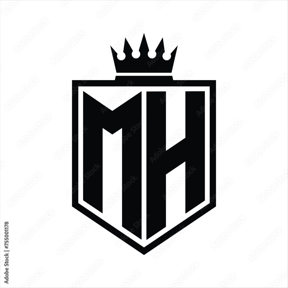 MH Logo monogram bold shield geometric shape with crown outline black ...