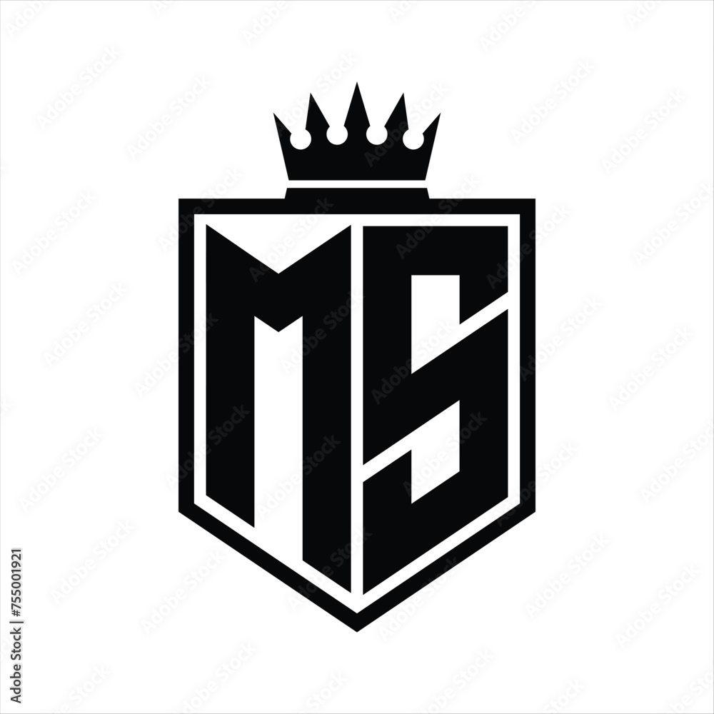 MS Logo monogram bold shield geometric shape with crown outline black ...