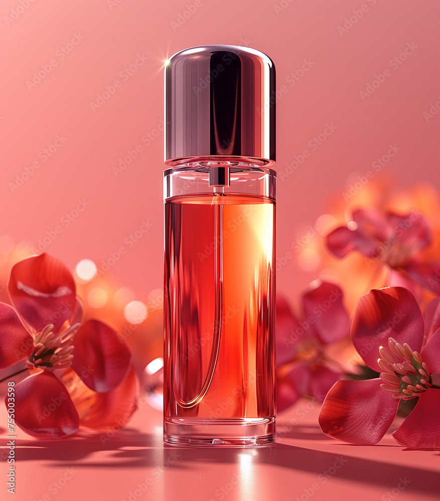 Elegant woman perfume bottle, red-pink background. Modern luxury parfum ...