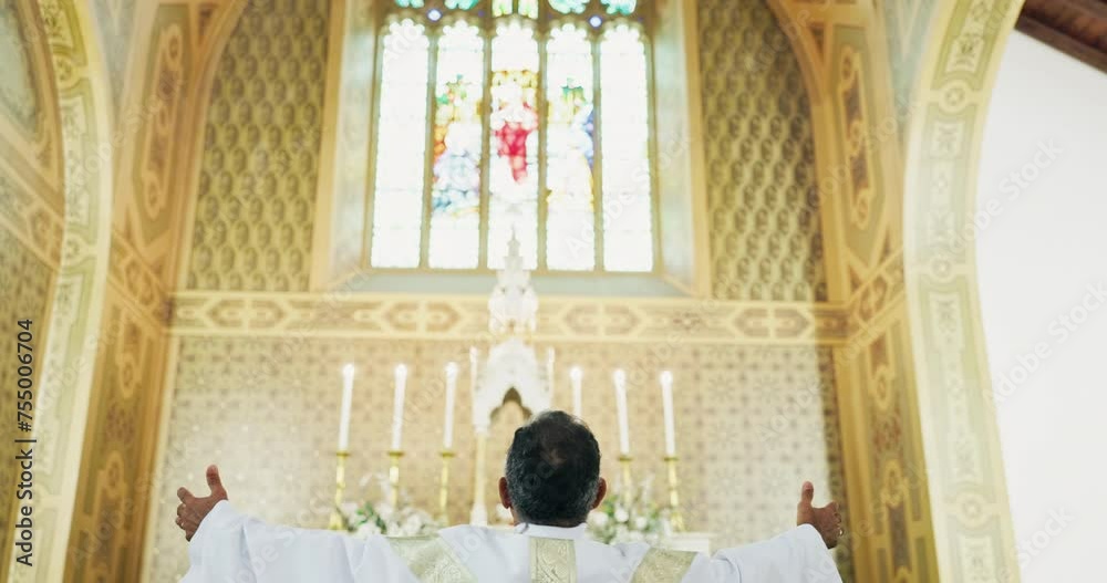 Priest, praying and christian for catholic church or message ...