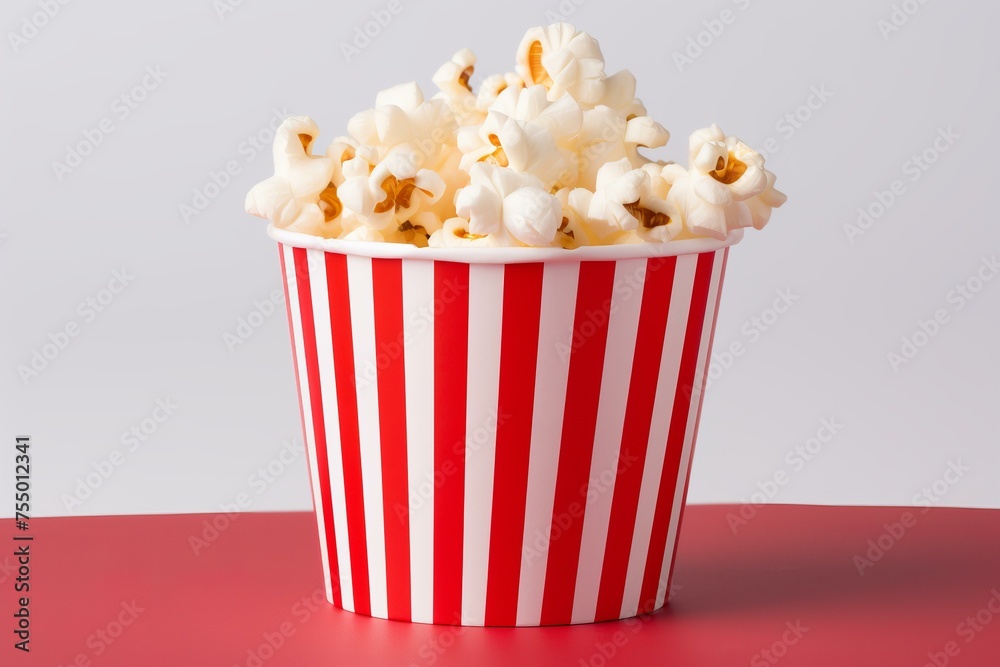 Large Popcorn snack bucket on tables. Movie cinema popcorn in striped ...