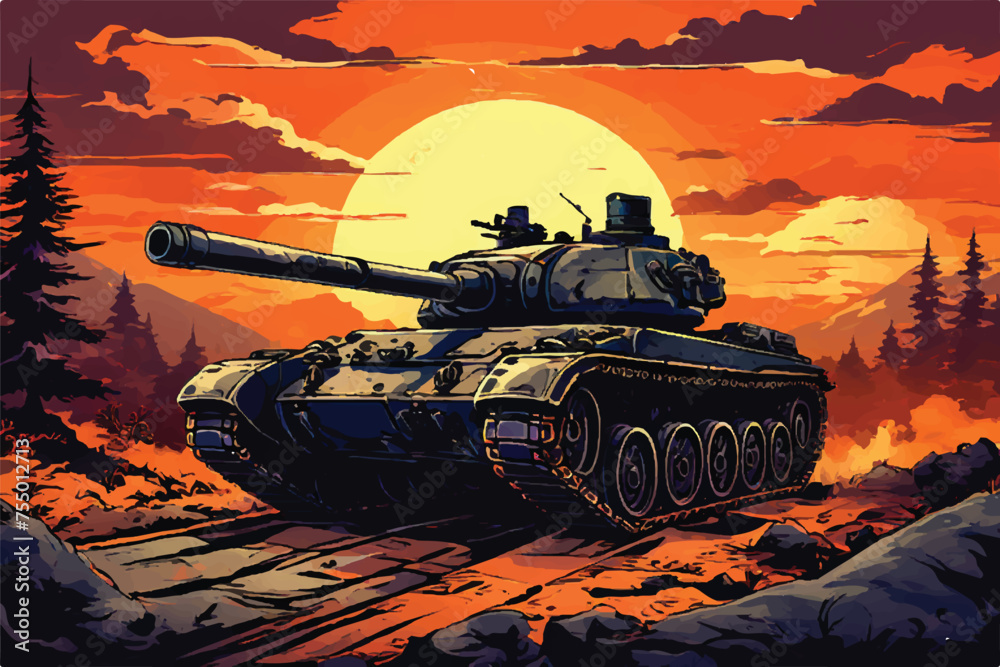 An illustration of an Army tank in combat. A scene from a battleground ...