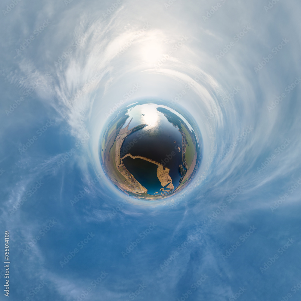 simple green tiny planet without buildings in blue sky with beautiful ...