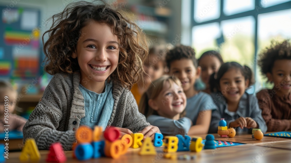 Students, teacher, and first grade teacher having fun learning ABCs ...