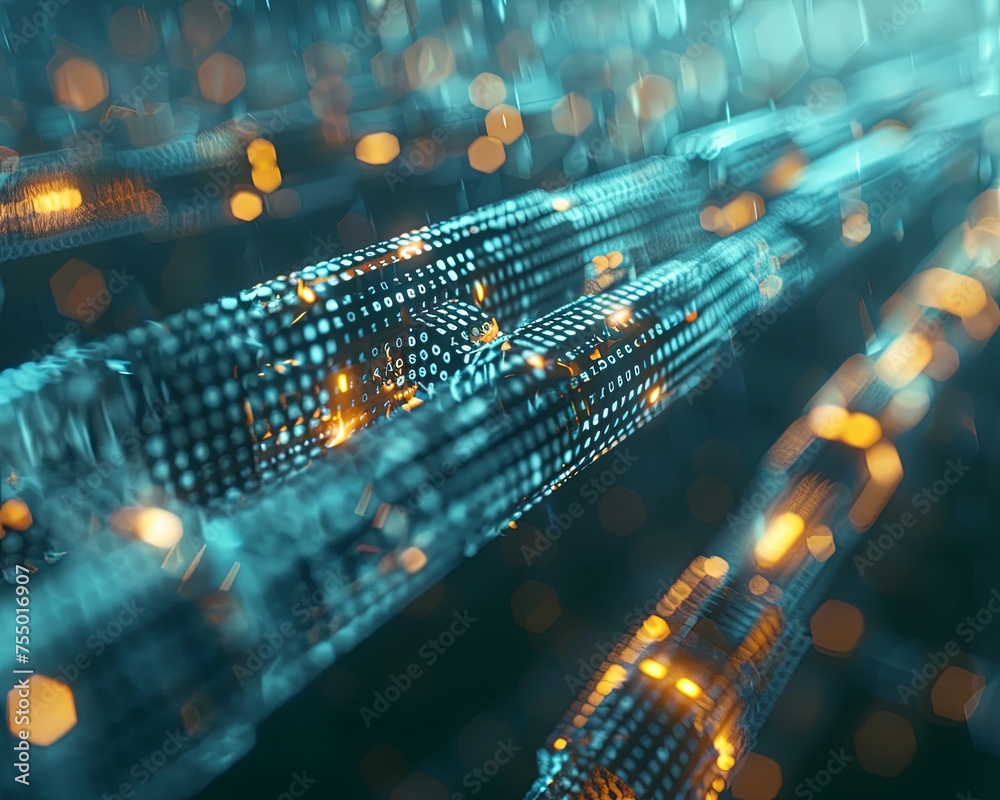 Digital Data Stream in Blockchain Encryption This image captures the ...