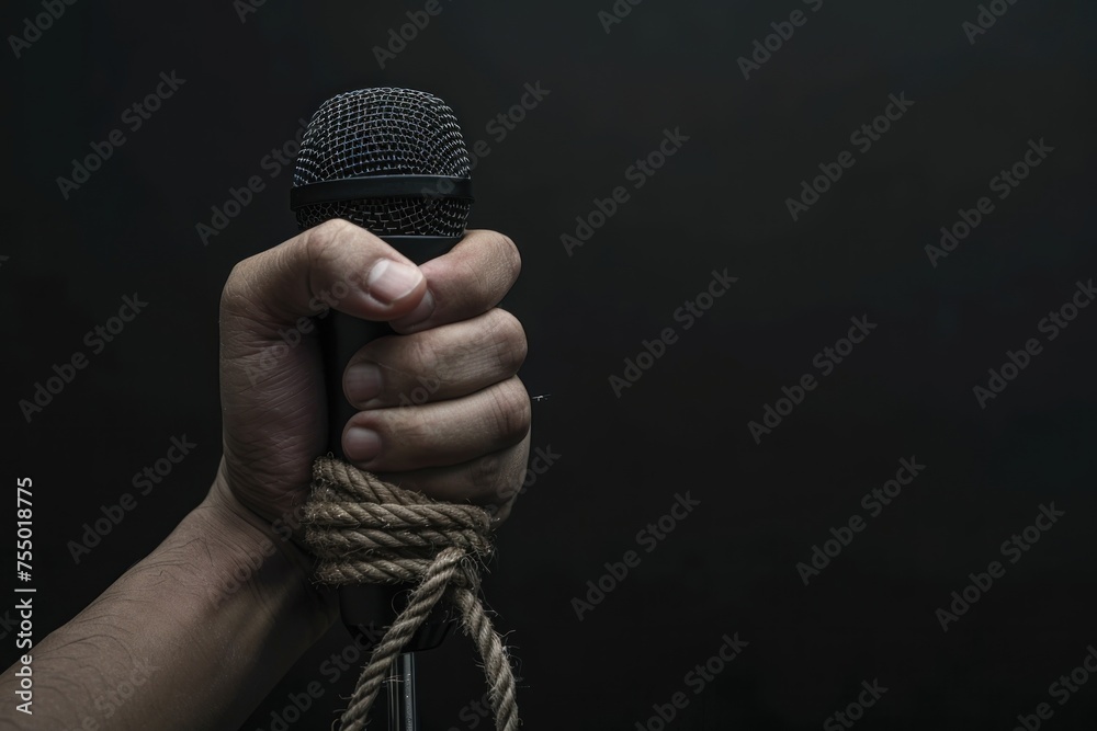A hand is holding a microphone with a rope around it. Concept of ...