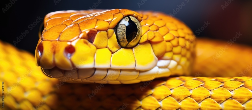 A closeup image of a yellow serpents head, a reptile organism belonging ...