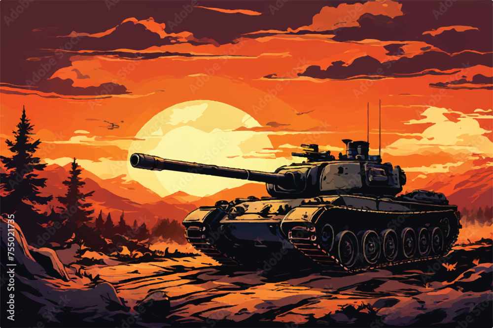 Illustration of a Army tank on battlefield. A Battlefield Landscape ...