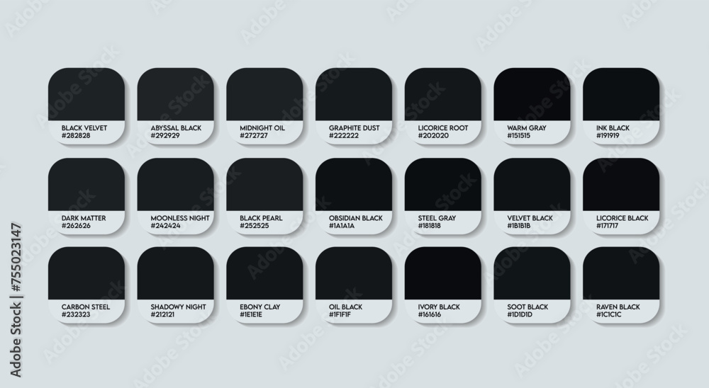 Black Color Guide Palette with Color Names. Catalog Samples are Black ...