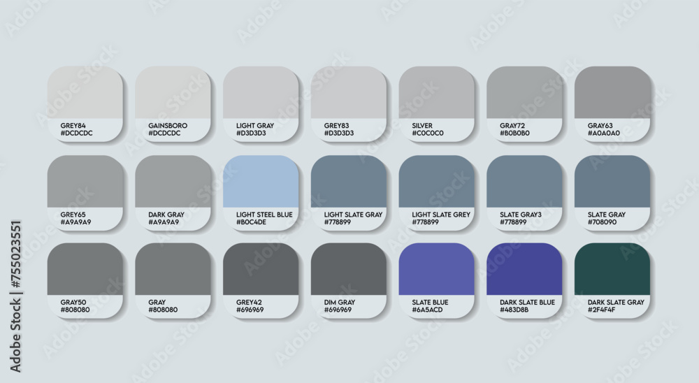Gray Color Palette with Colors Names. Catalog Samples of Ash color with ...