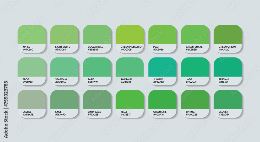 Light Green Color Palette with Color Names. Catalog Samples Green with ...