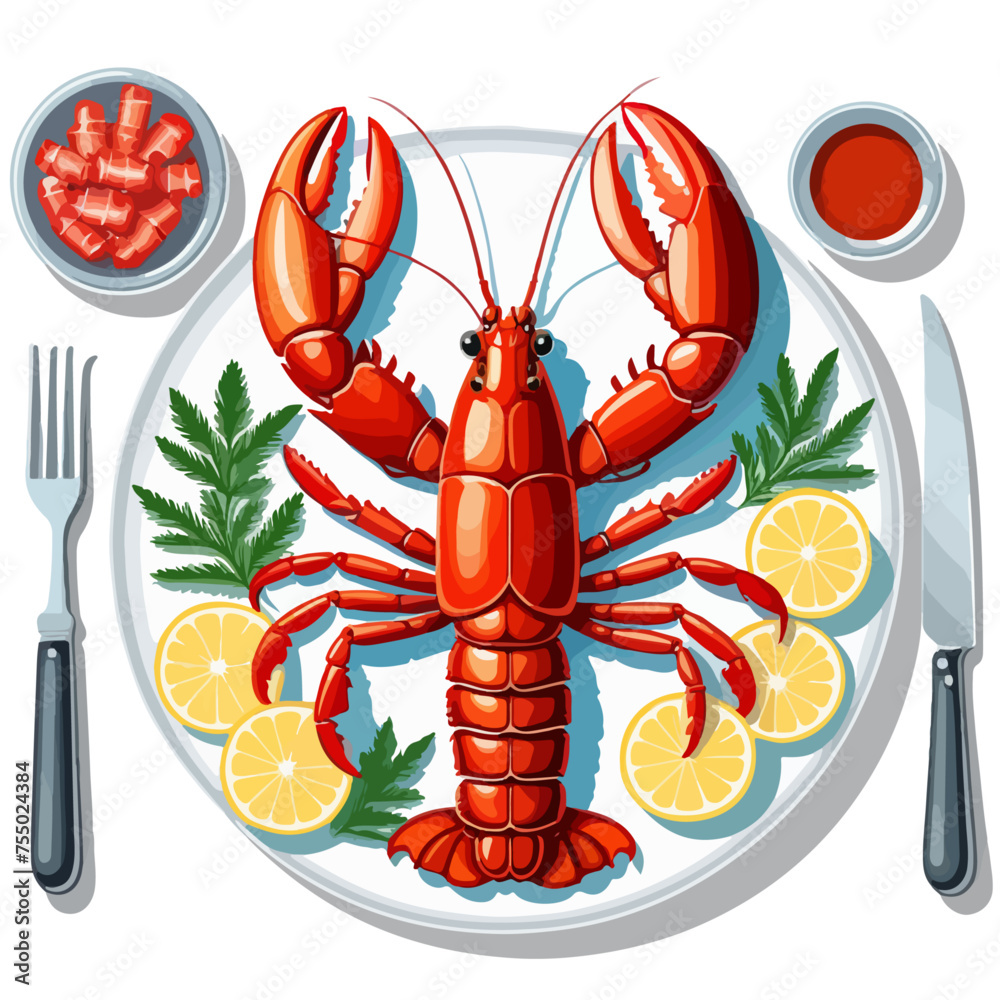 Cooked lobster on a plate with sides | Perfect vector illustration for ...