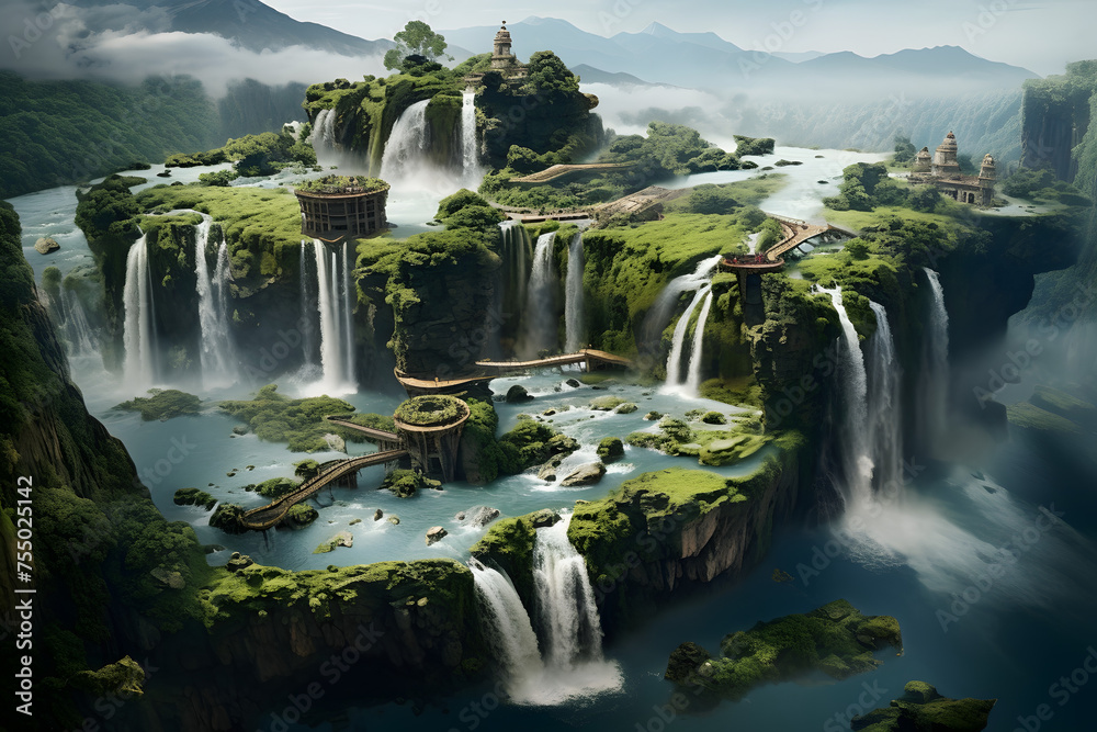 flying waterfall island, waterfall island in the air, flying island ...