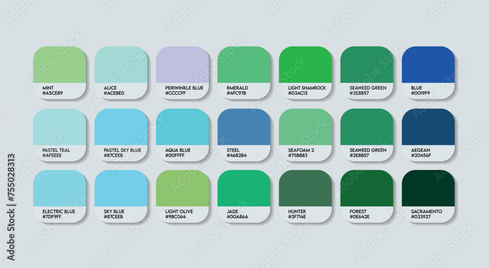 Green and blue Color Guide Palette with Color Names. Catalog Samples ...