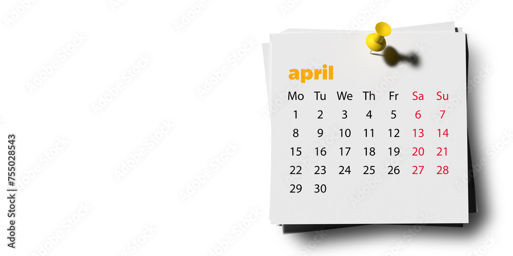 April 2024 calendar page with yellow push pin on white background, copy ...