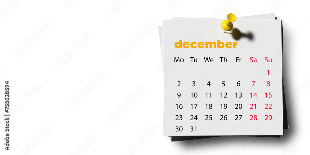 December 2024 calendar page with yellow push pin on white background ...