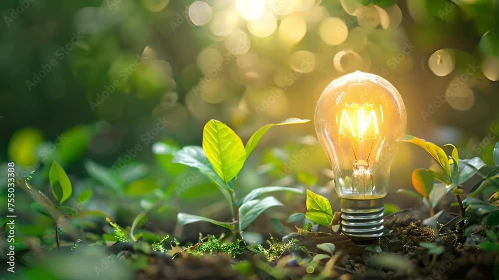 light bulb is lit up and is surrounded by green leaves. The light bulb ...