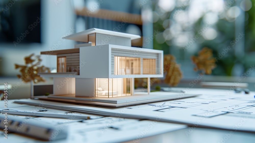 Architectural model home on blueprints symbolizing design precision and ...