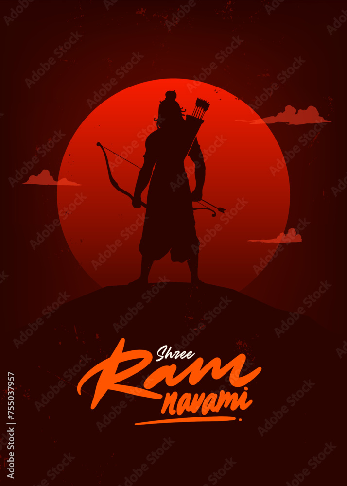 Shree Ram Navami, vector Illustration, silhouette of Lord Ram bow arrow ...