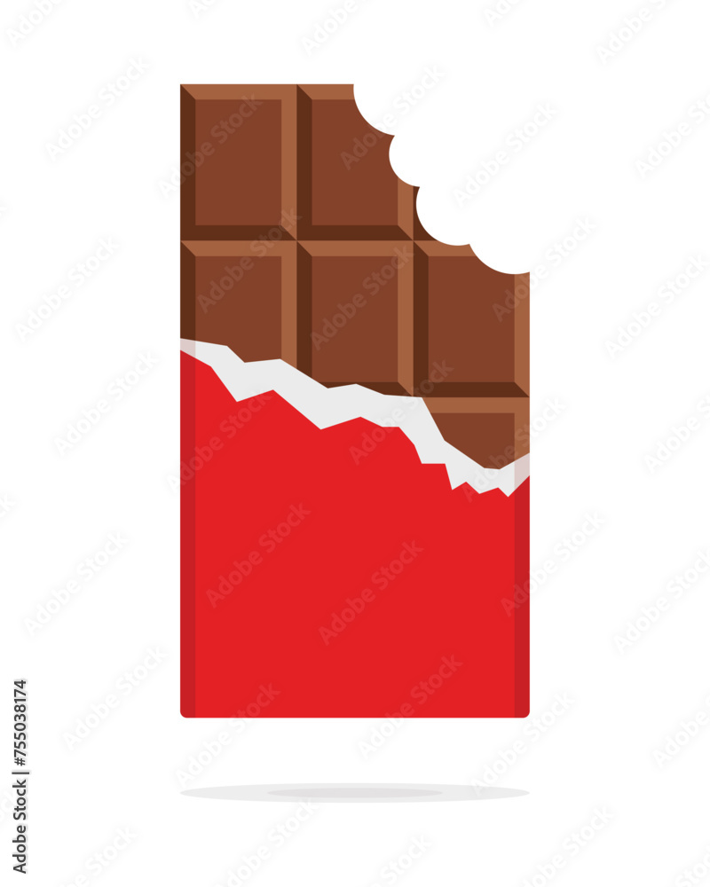 Bitten chocolate bar in opened red wrap and foil isolated on white ...