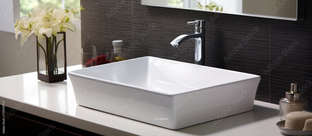 A white square sink is placed atop a bathroom counter, showcasing ...
