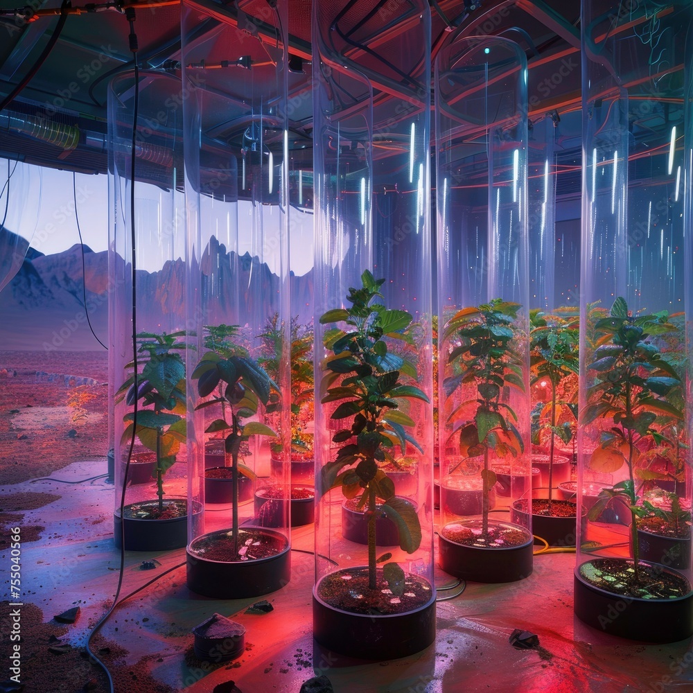 Bio-dome botany lab on Mars, engineered plants thriving, with blue ...