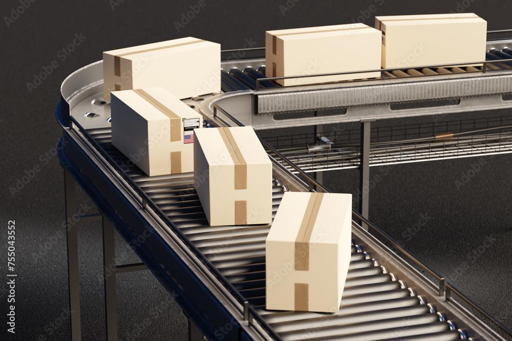 Warehouse conveyor line. Cardboard boxes move along automated line ...