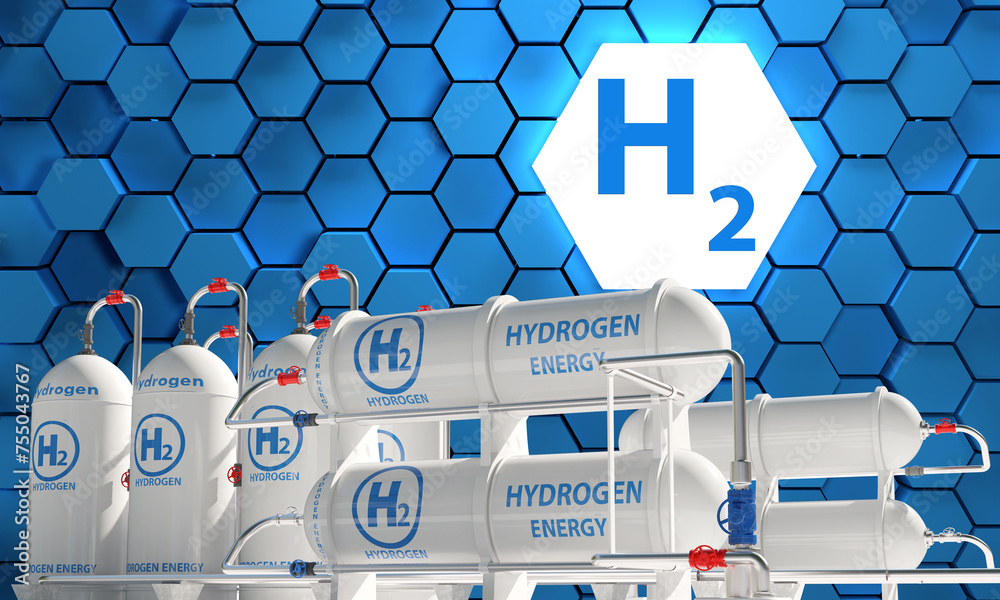 Hydrogen energy production. High pressure tanks with h2 logo. Exterior ...