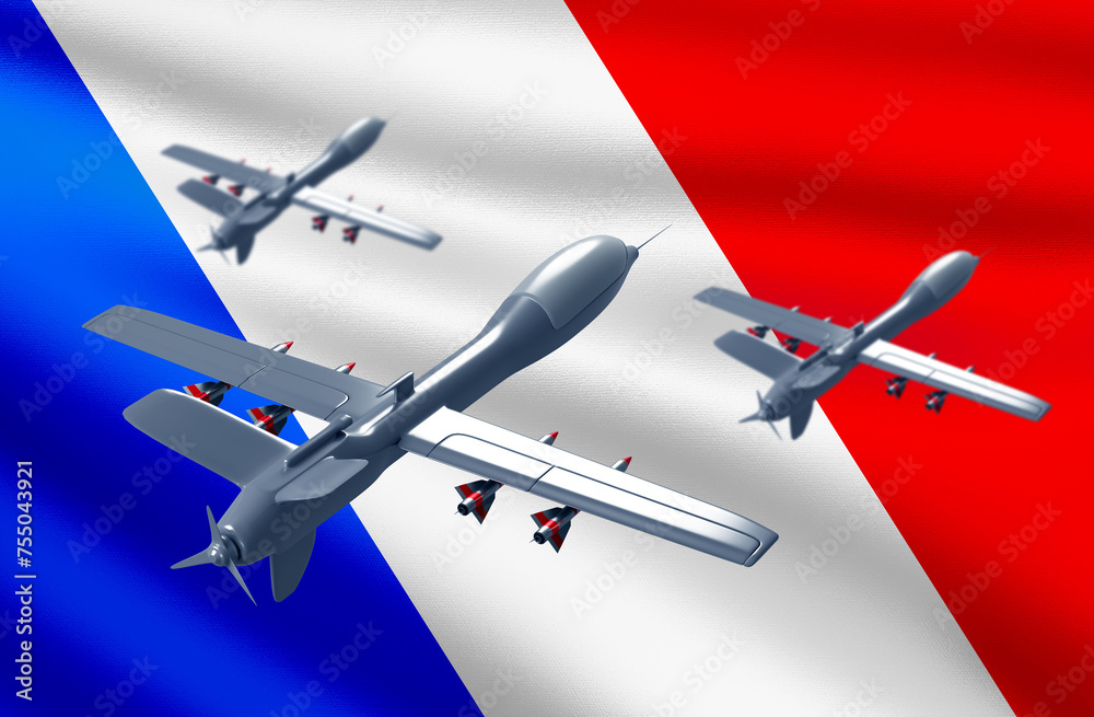 UAV with french flag. Unmanned aircraft with missiles. Drones made in ...