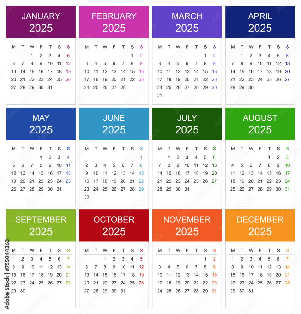 Modèle de calendrier 2025 pour agenda avec une page par mois - Textes ...