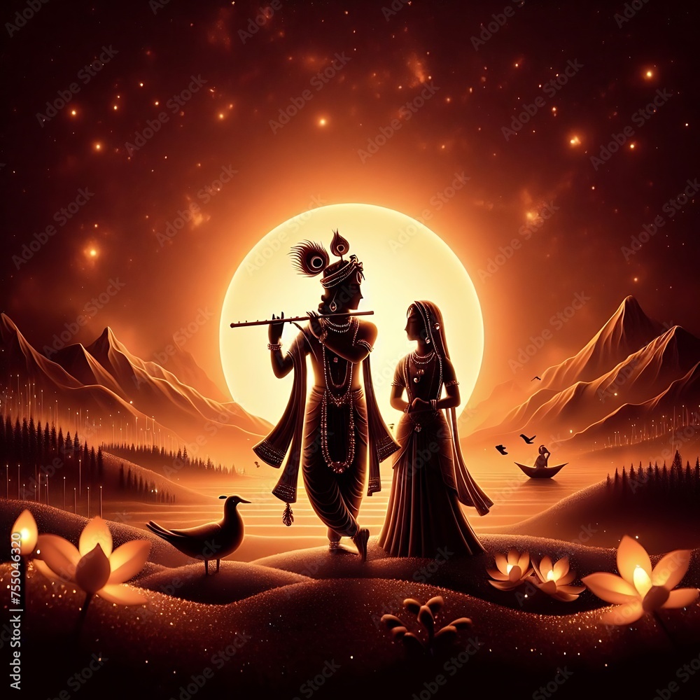 Beautiful silhouette of lord Krishna and Goddess Radha Stock Photo ...