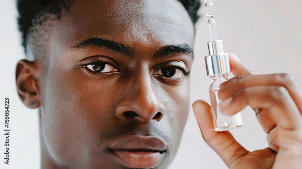 A dark-skinned young man applies serum to his face, highlighting modern ...
