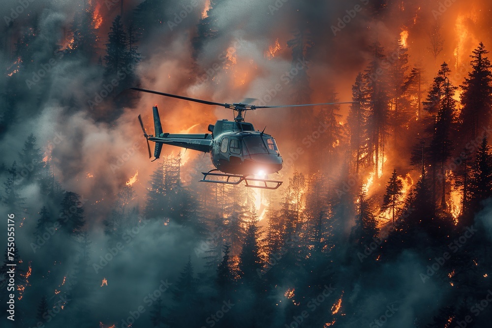 In a scene of urgency and valor, a fire-fighting helicopter swoops low ...