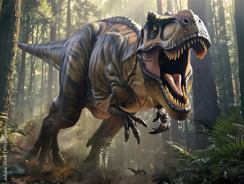A ferocious Tyrannosaurus rex charges through a misty prehistoric ...