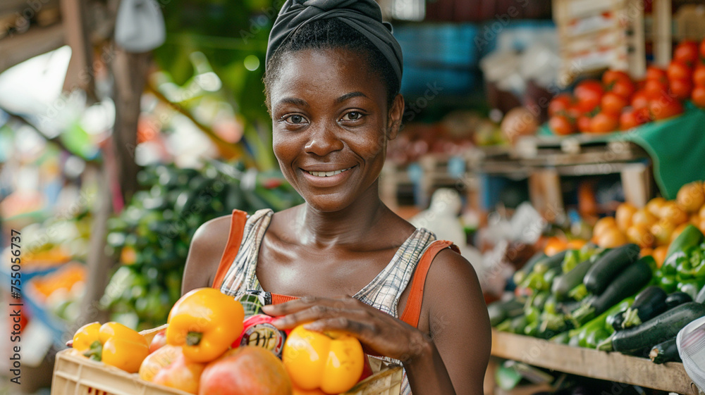 Portrait of a black female young working at a farmers market stall with ...