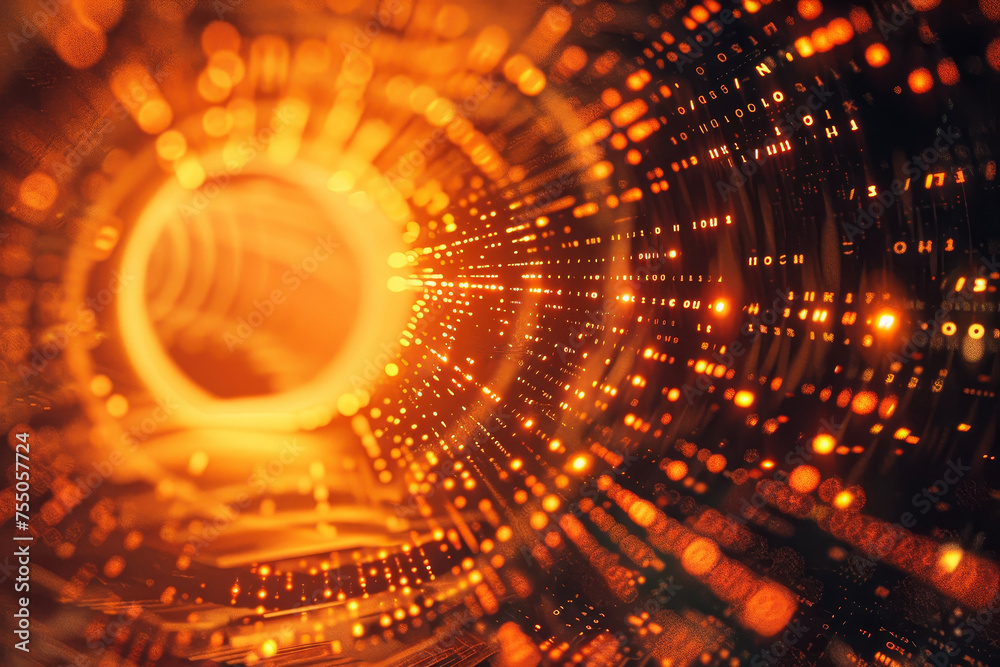 A abstract background with a orange shade, a radial blur, a ASCII code ...