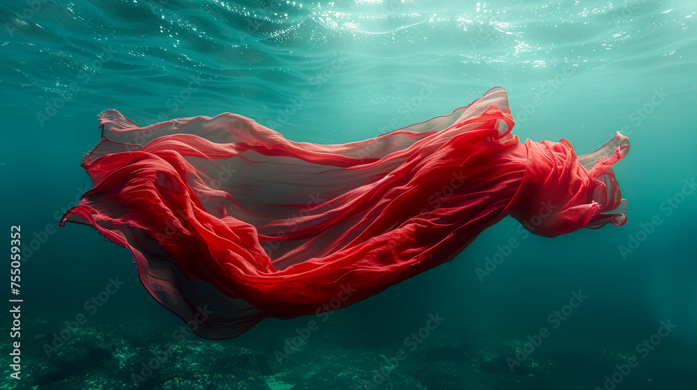 Submerged Elegance: Floating Red Fabric Underwater created with Generative AI technology Stock ...